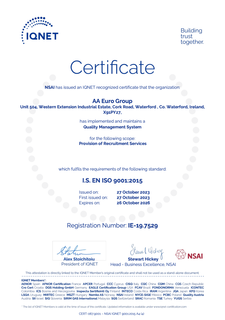 AA Euro Healthcare Awarded ISO 9001-2015 Certification - AA Euro Healthcare