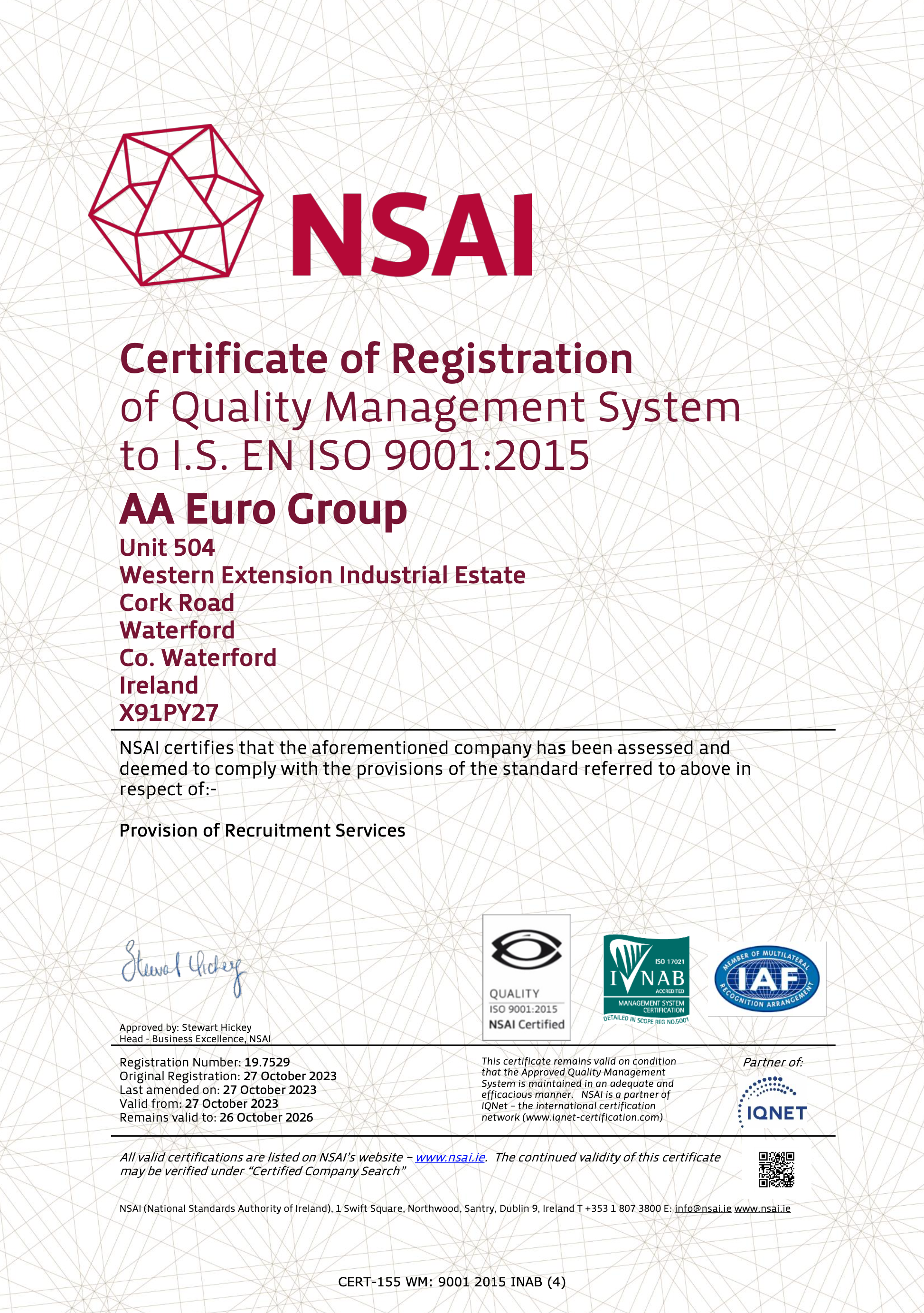 AA Euro Healthcare Awarded ISO 9001-2015 Certification - AA Euro Healthcare